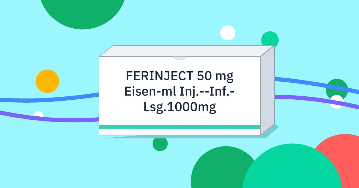 Symbolbild: Packung mit der Aufschrift FERINJECT 50 mg Eisen-ml Inj.--Inf.-Lsg.1000mg (PZN 10130809) – Verfügbarkeit und Bezug in Apotheken in Frankfurt am Main