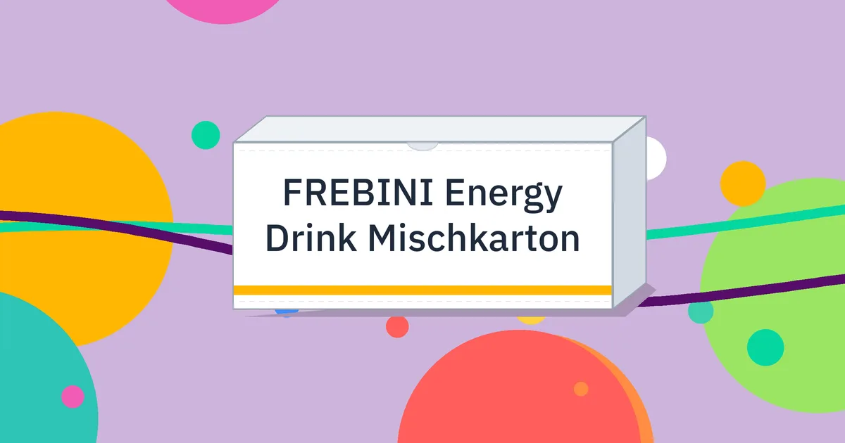 Symbolbild: Packung mit der Aufschrift FREBINI Energy Drink Mischkarton (PZN 06412040) – Verfügbarkeit und Bezug in Apotheken in Frankfurt am Main