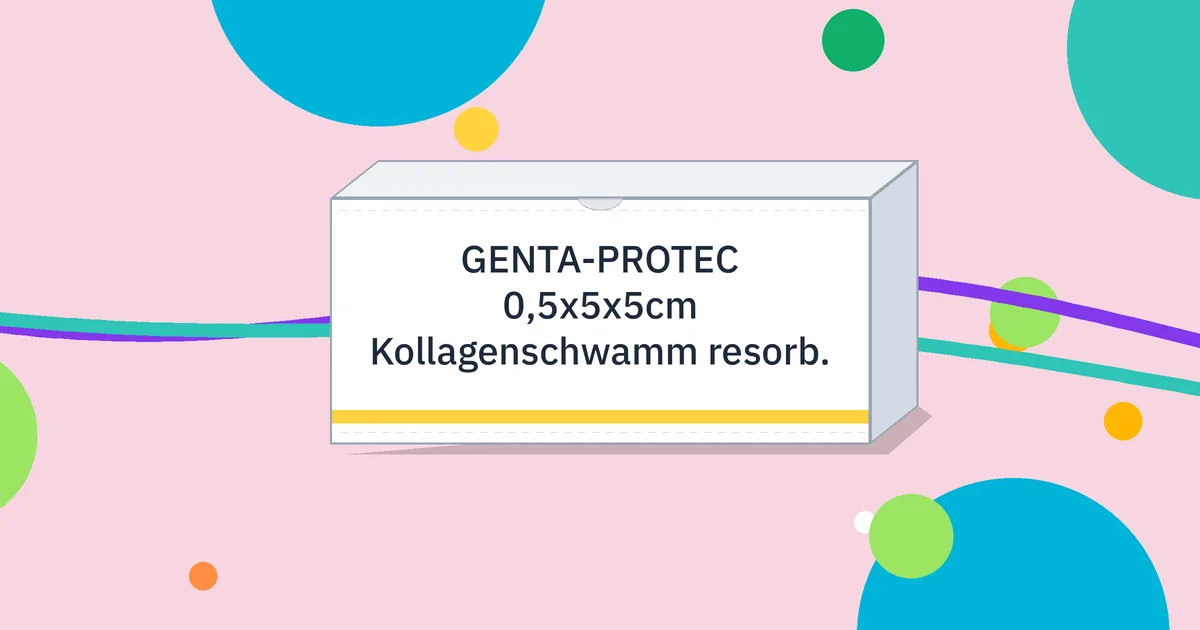 Symbolbild: Packung mit der Aufschrift GENTA-PROTEC 0,5x5x5cm Kollagenschwamm resorb. (PZN 18293310) – Verfügbarkeit und Bezug in Apotheken in Frankfurt am Main