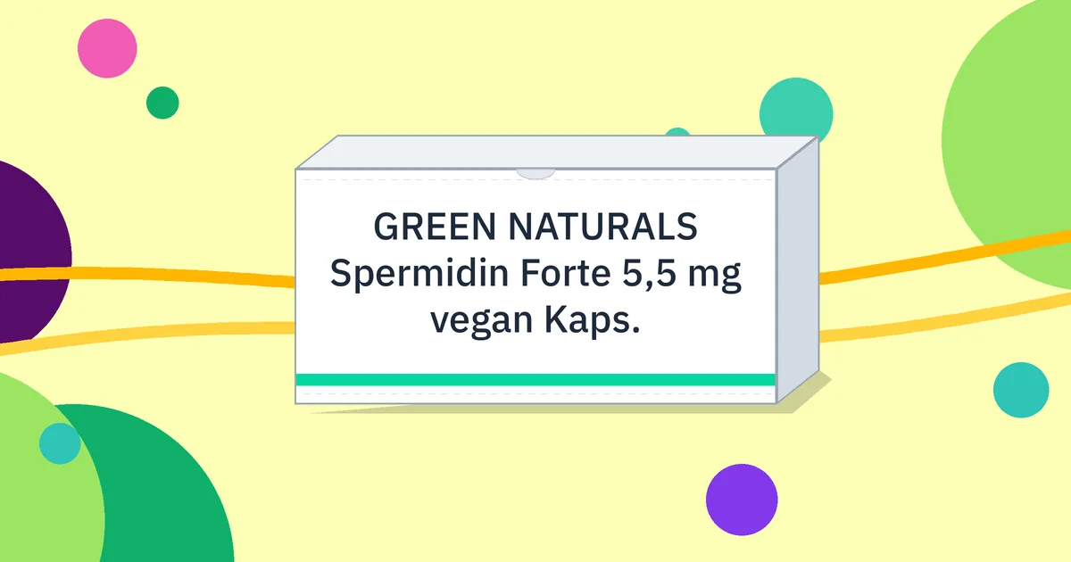 Symbolbild: Packung mit der Aufschrift GREEN NATURALS Spermidin Forte 5,5 mg vegan Kaps. (PZN 18386827) – Verfügbarkeit und Bezug in Apotheken in Frankfurt am Main