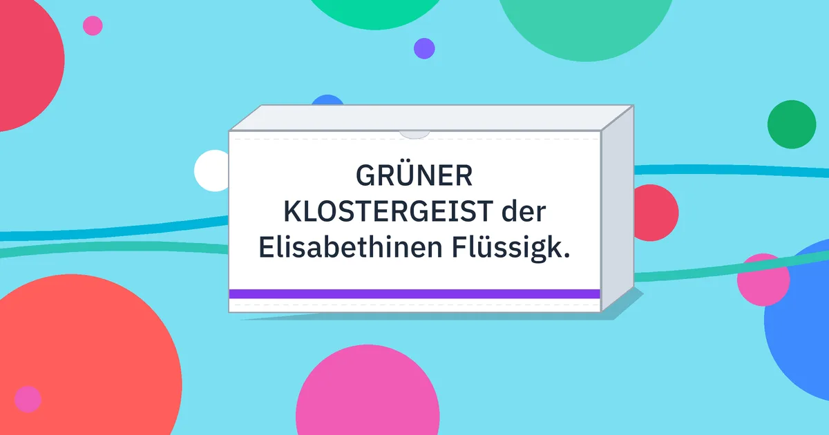 Symbolbild: Packung mit der Aufschrift GRÜNER KLOSTERGEIST der Elisabethinen Flüssigk. (PZN 20299337) – Verfügbarkeit und Bezug in Apotheken in Frankfurt am Main