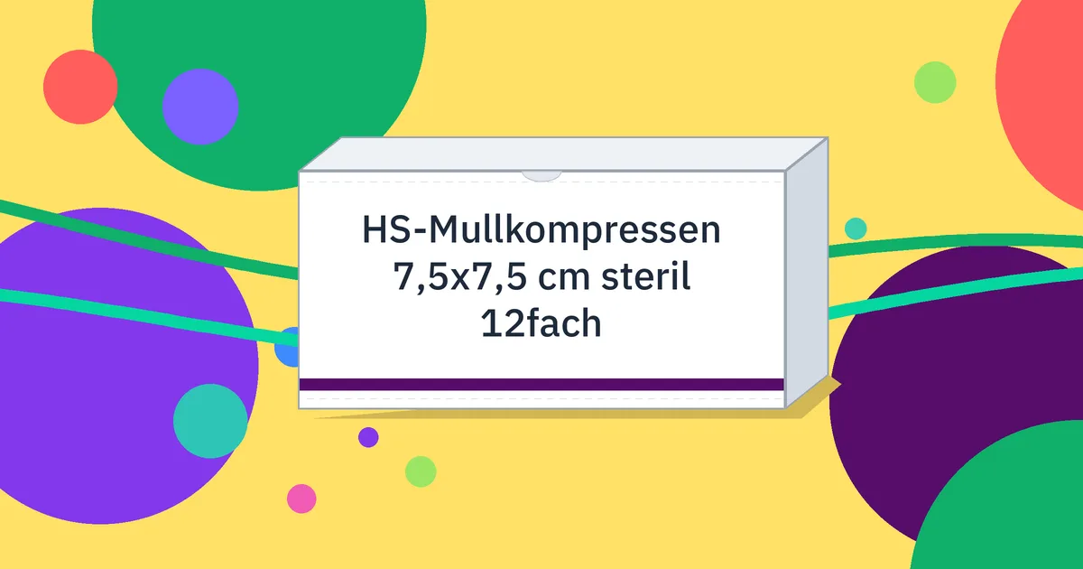 Symbolbild: Packung mit der Aufschrift HS-Mullkompressen 7,5x7,5 cm steril 12fach (PZN 12570286) – Verfügbarkeit und Bezug in Apotheken in Frankfurt am Main