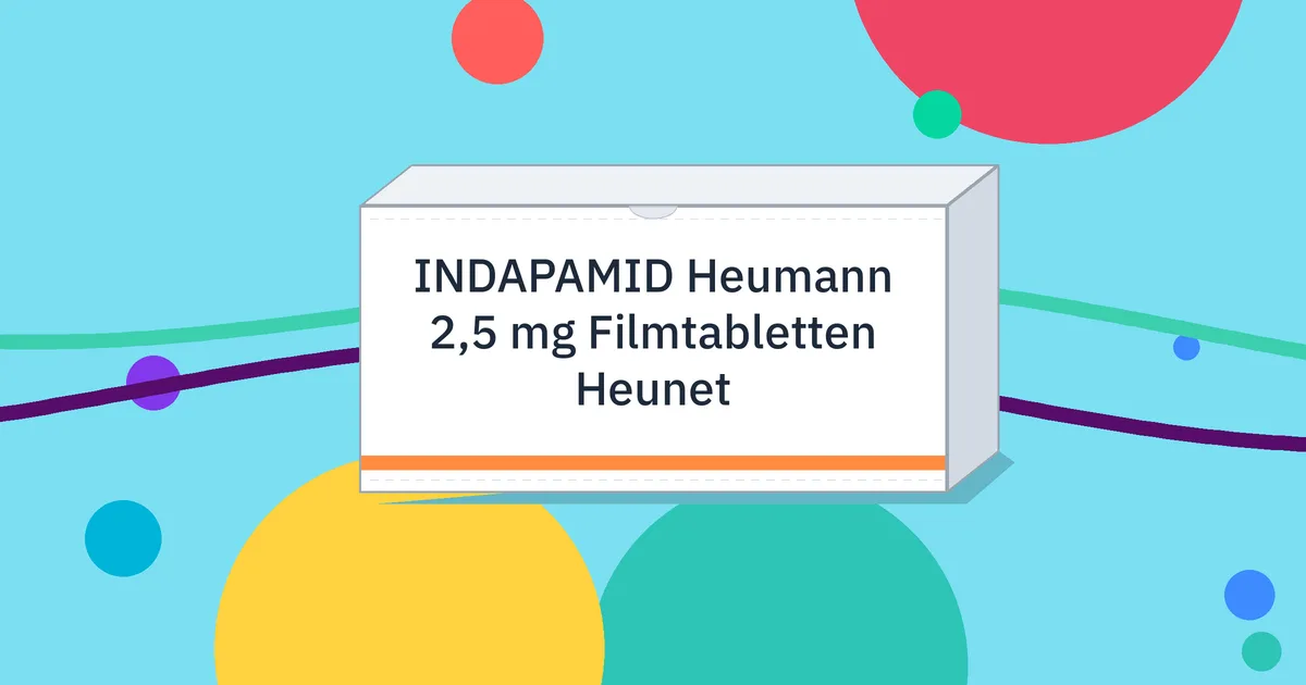 Symbolbild: Packung mit der Aufschrift INDAPAMID Heumann 2,5 mg Filmtabletten Heunet (PZN 17147902) – Verfügbarkeit und Bezug in Apotheken in Frankfurt am Main
