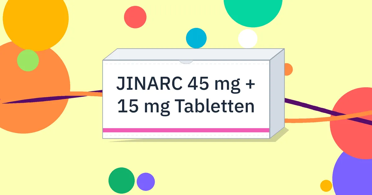 Symbolbild: Packung mit der Aufschrift JINARC 45 mg + 15 mg Tabletten (PZN 19300360) – Verfügbarkeit und Bezug in Apotheken in Frankfurt am Main