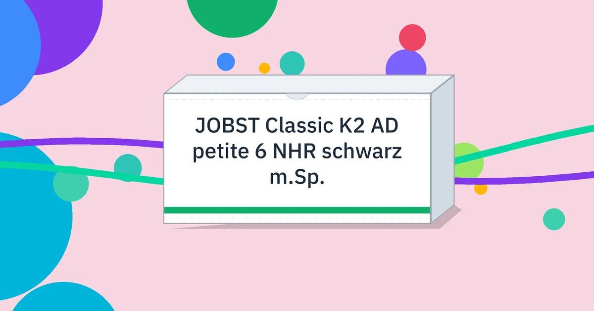 Symbolbild: Packung mit der Aufschrift JOBST Classic K2 AD petite 6 NHR schwarz m.Sp. (PZN 13061204) – Verfügbarkeit und Bezug in Apotheken in Frankfurt am Main