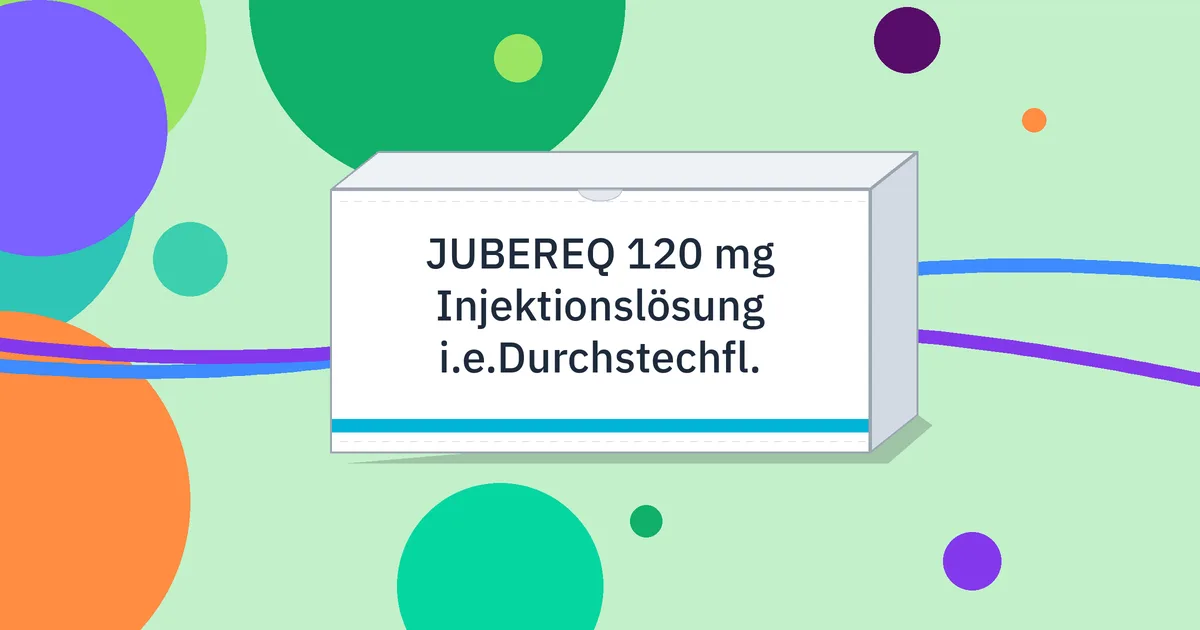 Symbolbild: Packung mit der Aufschrift JUBEREQ 120 mg Injektionslösung i.e.Durchstechfl. (PZN 20657877) – Verfügbarkeit und Bezug in Apotheken in Frankfurt am Main