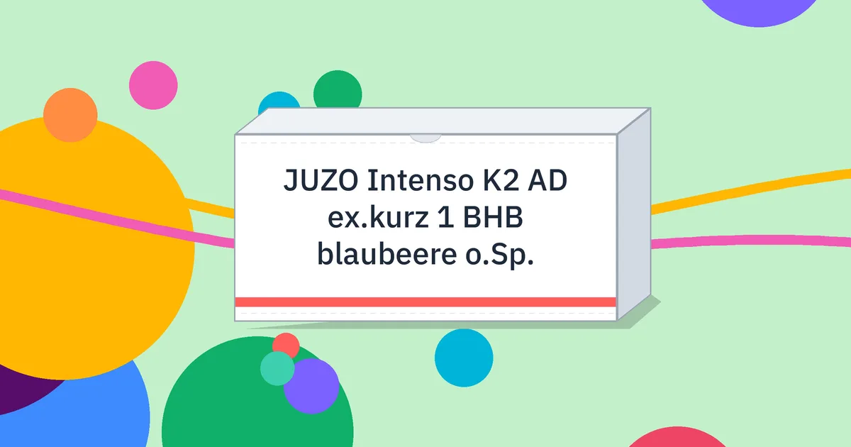Symbolbild: Packung mit der Aufschrift JUZO Intenso K2 AD ex.kurz 1 BHB blaubeere o.Sp. (PZN 18625657) – Verfügbarkeit und Bezug in Apotheken in Frankfurt am Main