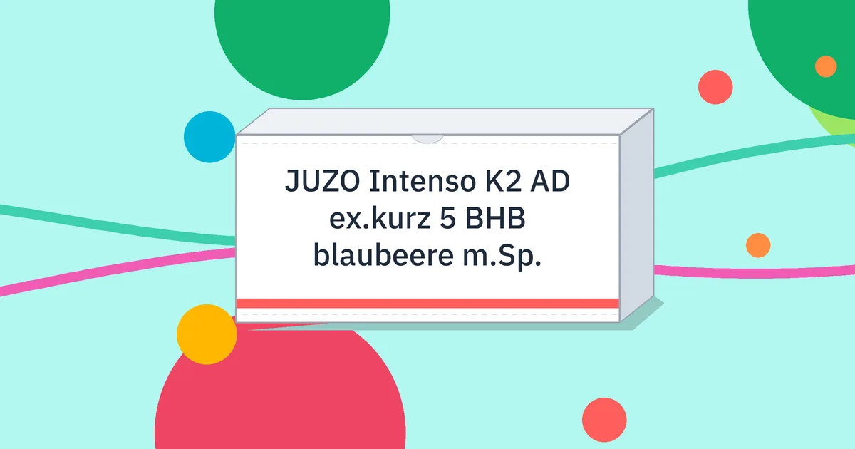 Symbolbild: Packung mit der Aufschrift JUZO Intenso K2 AD ex.kurz 5 BHB blaubeere m.Sp. (PZN 18615191) – Verfügbarkeit und Bezug in Apotheken in Frankfurt am Main