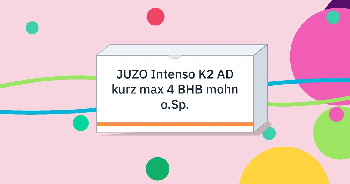 Symbolbild: Packung mit der Aufschrift JUZO Intenso K2 AD kurz max 4 BHB mohn o.Sp. (PZN 18626444) – Verfügbarkeit und Bezug in Apotheken in Frankfurt am Main