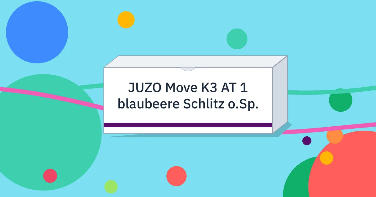 Symbolbild: Packung mit der Aufschrift JUZO Move K3 AT 1 blaubeere Schlitz o.Sp. (PZN 20679531) – Verfügbarkeit und Bezug in Apotheken in Frankfurt am Main