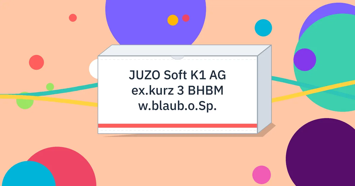 Symbolbild: Packung mit der Aufschrift JUZO Soft K1 AG ex.kurz 3 BHBM w.blaub.o.Sp. (PZN 14866306) – Verfügbarkeit und Bezug in Apotheken in Frankfurt am Main