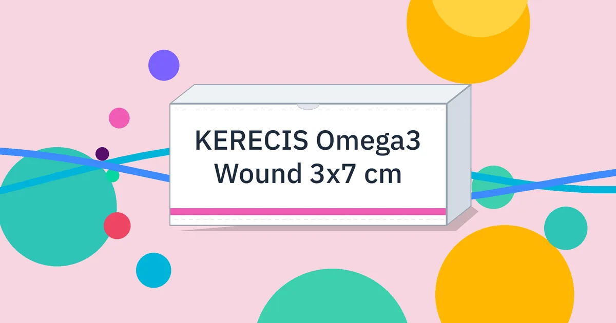 Symbolbild: Packung mit der Aufschrift KERECIS Omega3 Wound 3x7 cm (PZN 18811443) – Verfügbarkeit und Bezug in Apotheken in Frankfurt am Main
