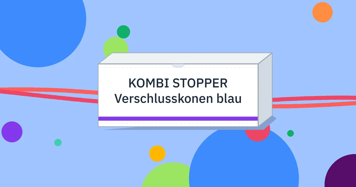 Symbolbild: Packung mit der Aufschrift KOMBI STOPPER Verschlusskonen blau (PZN 09461613) – Verfügbarkeit und Bezug in Apotheken in Frankfurt am Main