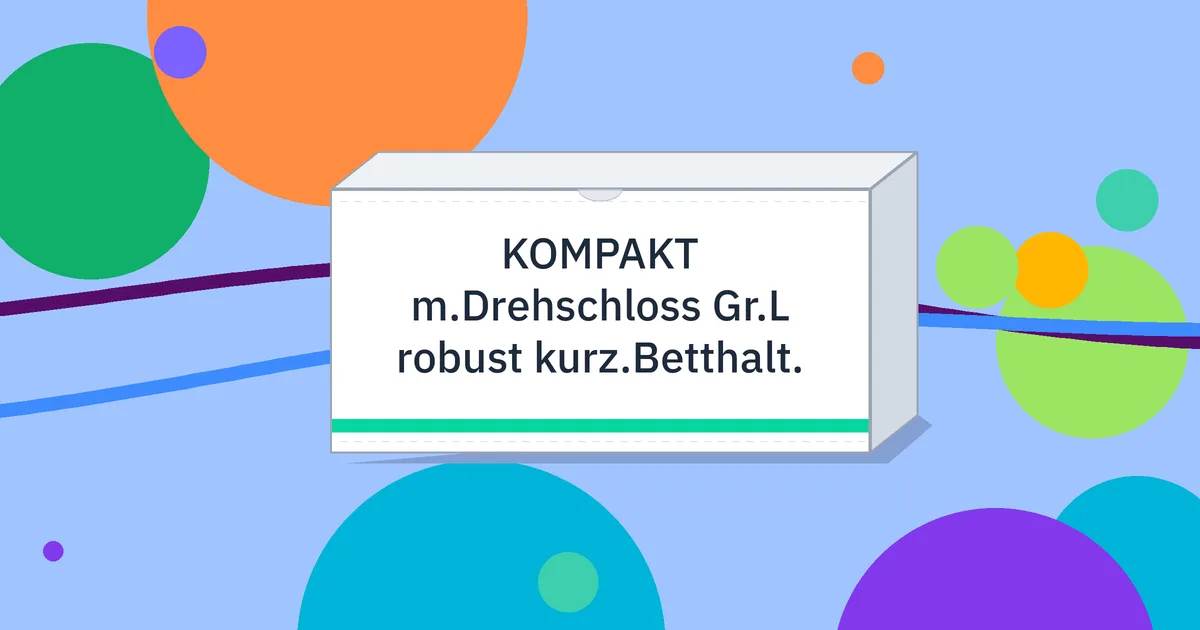 Symbolbild: Packung mit der Aufschrift KOMPAKT m.Drehschloss Gr.L robust kurz.Betthalt. (PZN 11574342) – Verfügbarkeit und Bezug in Apotheken in Frankfurt am Main