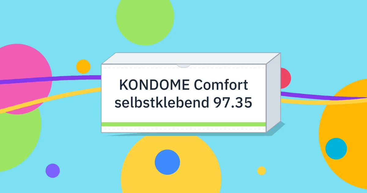 Symbolbild: Packung mit der Aufschrift KONDOME Comfort selbstklebend 97.35 (PZN 00590740) – Verfügbarkeit und Bezug in Apotheken in Frankfurt am Main