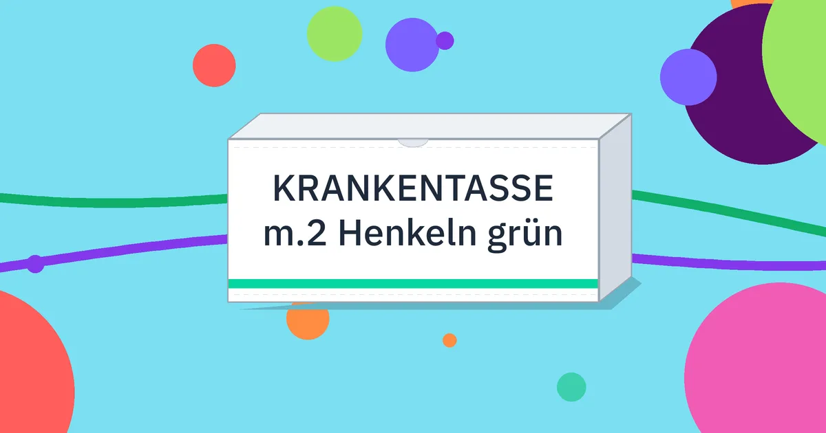 Symbolbild: Packung mit der Aufschrift KRANKENTASSE m.2 Henkeln grün (PZN 01988829) – Verfügbarkeit und Bezug in Apotheken in Frankfurt am Main