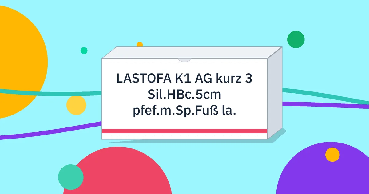 Symbolbild: Packung mit der Aufschrift LASTOFA K1 AG kurz 3 Sil.HBc.5cm pfef.m.Sp.Fuß la. (PZN 13791606) – Verfügbarkeit und Bezug in Apotheken in Frankfurt am Main