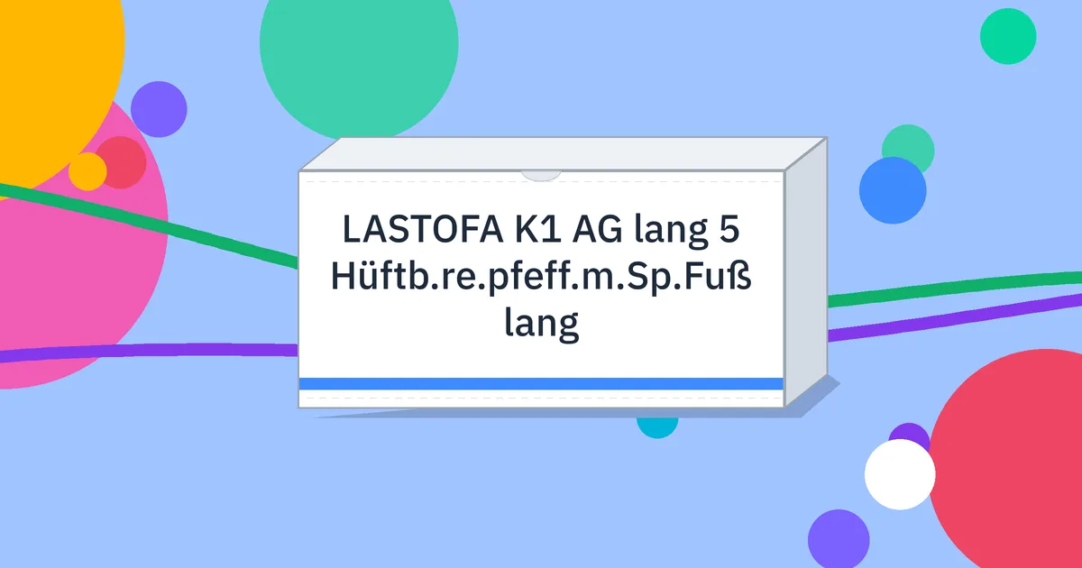 Symbolbild: Packung mit der Aufschrift LASTOFA K1 AG lang 5 Hüftb.re.pfeff.m.Sp.Fuß lang (PZN 13798927) – Verfügbarkeit und Bezug in Apotheken in Frankfurt am Main