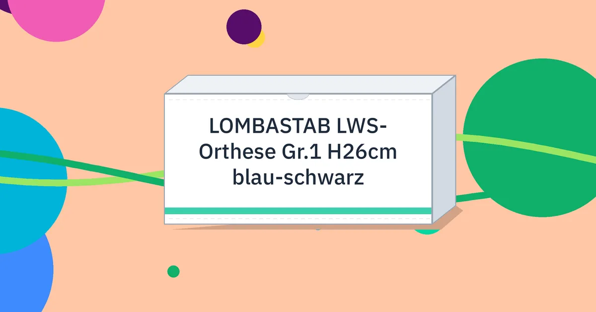 Symbolbild: Packung mit der Aufschrift LOMBASTAB LWS-Orthese Gr.1 H26cm blau-schwarz (PZN 18798139) – Verfügbarkeit und Bezug in Apotheken in Frankfurt am Main