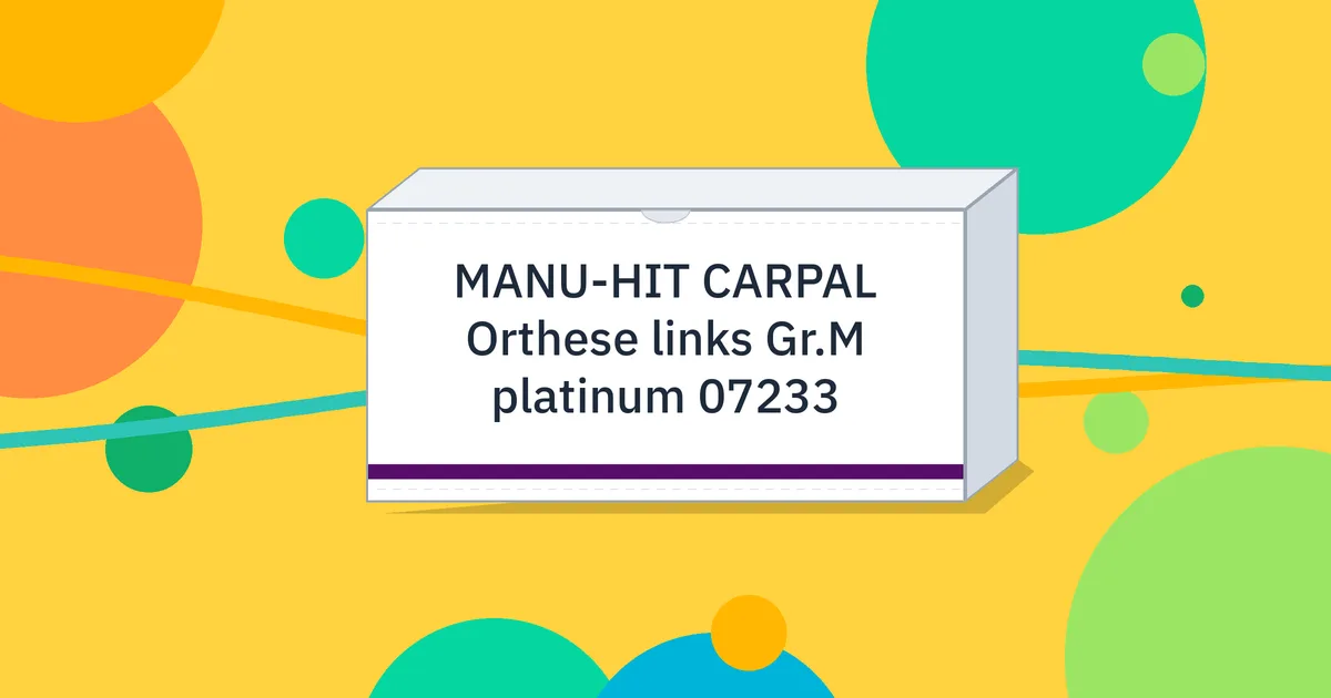 Symbolbild: Packung mit der Aufschrift MANU-HIT CARPAL Orthese links Gr.M platinum 07233 (PZN 16316722) – Verfügbarkeit und Bezug in Apotheken in Frankfurt am Main