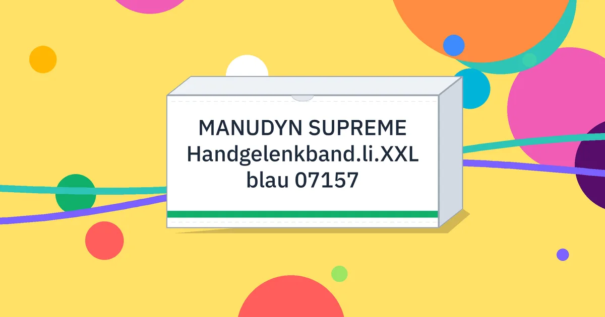 Symbolbild: Packung mit der Aufschrift MANUDYN SUPREME Handgelenkband.li.XXL blau 07157 (PZN 16931083) – Verfügbarkeit und Bezug in Apotheken in Frankfurt am Main