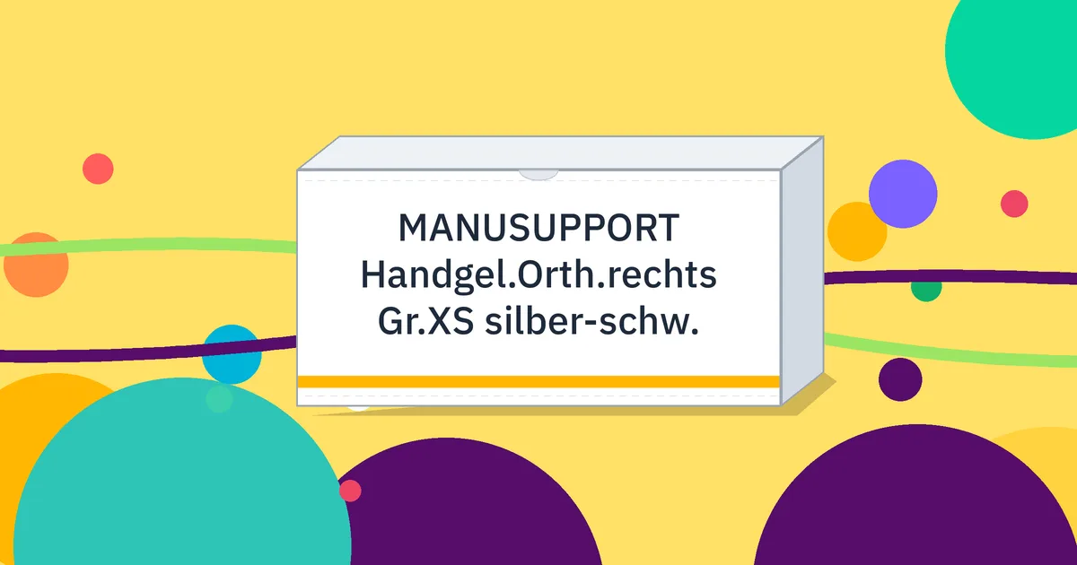 Symbolbild: Packung mit der Aufschrift MANUSUPPORT Handgel.Orth.rechts Gr.XS silber-schw. (PZN 11097043) – Verfügbarkeit und Bezug in Apotheken in Frankfurt am Main