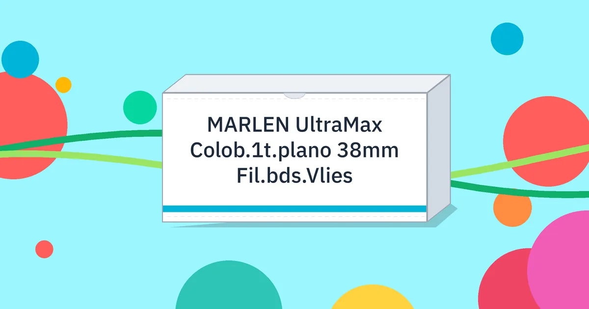 Symbolbild: Packung mit der Aufschrift MARLEN UltraMax Colob.1t.plano 38mm Fil.bds.Vlies (PZN 00625094) – Verfügbarkeit und Bezug in Apotheken in Frankfurt am Main