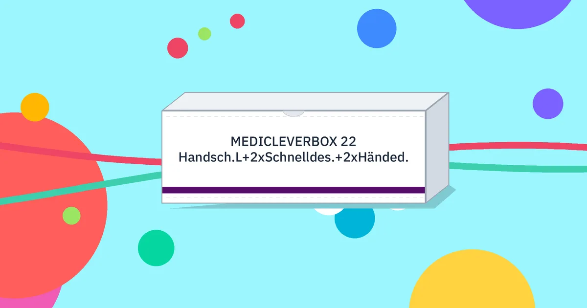 Symbolbild: Packung mit der Aufschrift MEDICLEVERBOX 22 Handsch.L+2xSchnelldes.+2xHänded. (PZN 19112569) – Verfügbarkeit und Bezug in Apotheken in Frankfurt am Main