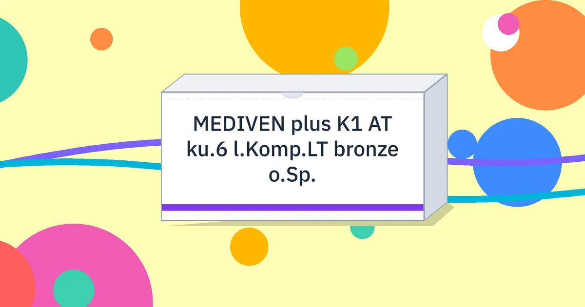 Symbolbild: Packung mit der Aufschrift MEDIVEN plus K1 AT ku.6 l.Komp.LT bronze o.Sp. (PZN 15029653) – Verfügbarkeit und Bezug in Apotheken in Frankfurt am Main