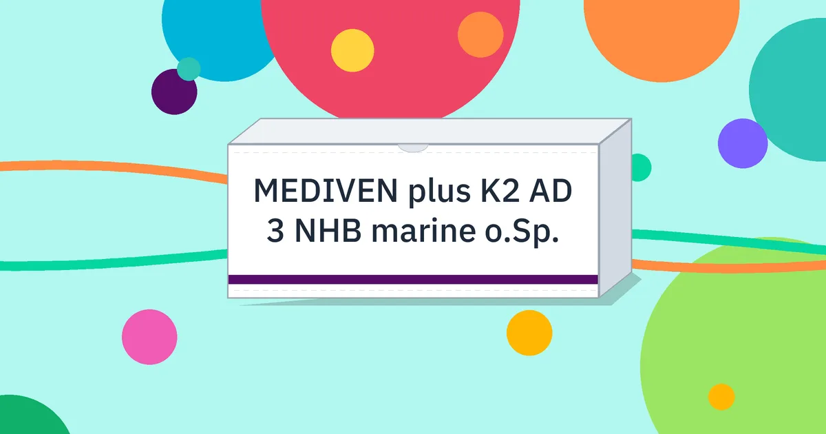 Symbolbild: Packung mit der Aufschrift MEDIVEN plus K2 AD 3 NHB marine o.Sp. (PZN 15937439) – Verfügbarkeit und Bezug in Apotheken in Frankfurt am Main