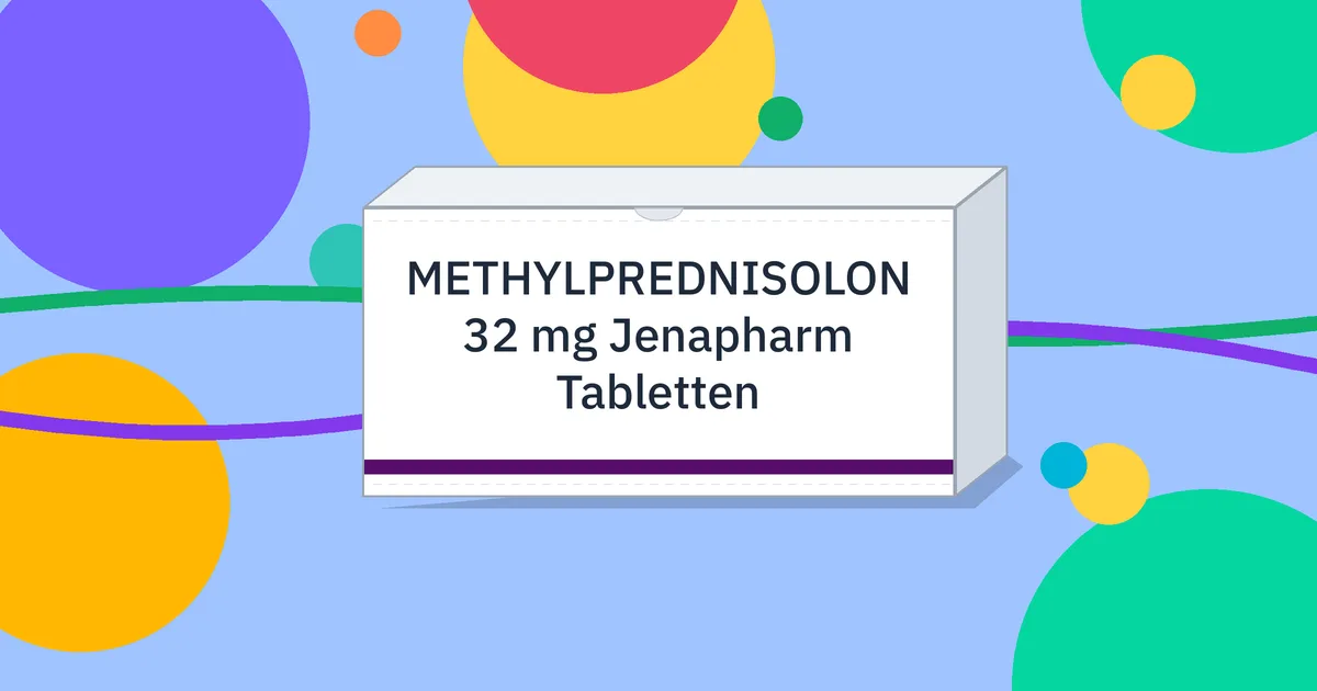 Symbolbild: Packung mit der Aufschrift METHYLPREDNISOLON 32 mg Jenapharm Tabletten (PZN 04881641) – Verfügbarkeit und Bezug in Apotheken in Frankfurt am Main