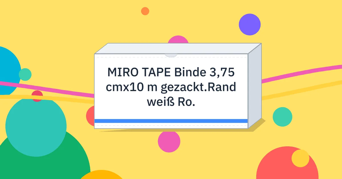 Symbolbild: Packung mit der Aufschrift MIRO TAPE Binde 3,75 cmx10 m gezackt.Rand weiß Ro. (PZN 00581592) – Verfügbarkeit und Bezug in Apotheken in Frankfurt am Main