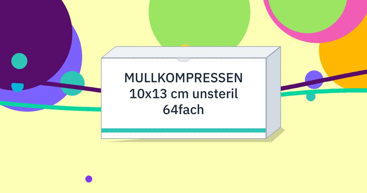 Symbolbild: Packung mit der Aufschrift MULLKOMPRESSEN 10x13 cm unsteril 64fach (PZN 11849626) – Verfügbarkeit und Bezug in Apotheken in Frankfurt am Main