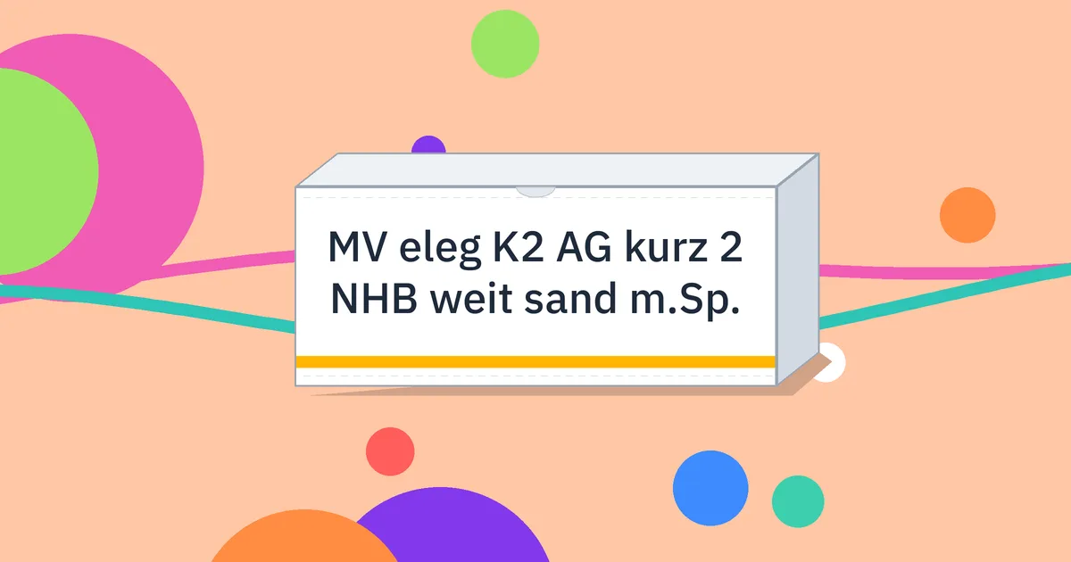 Symbolbild: Packung mit der Aufschrift MV eleg K2 AG kurz 2 NHB weit sand m.Sp. (PZN 18925224) – Verfügbarkeit und Bezug in Apotheken in Frankfurt am Main