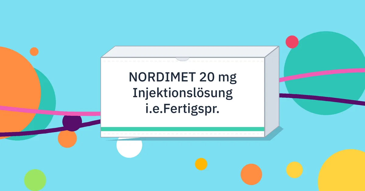 Symbolbild: Packung mit der Aufschrift NORDIMET 20 mg Injektionslösung i.e.Fertigspr. (PZN 15264928) – Verfügbarkeit und Bezug in Apotheken in Frankfurt am Main