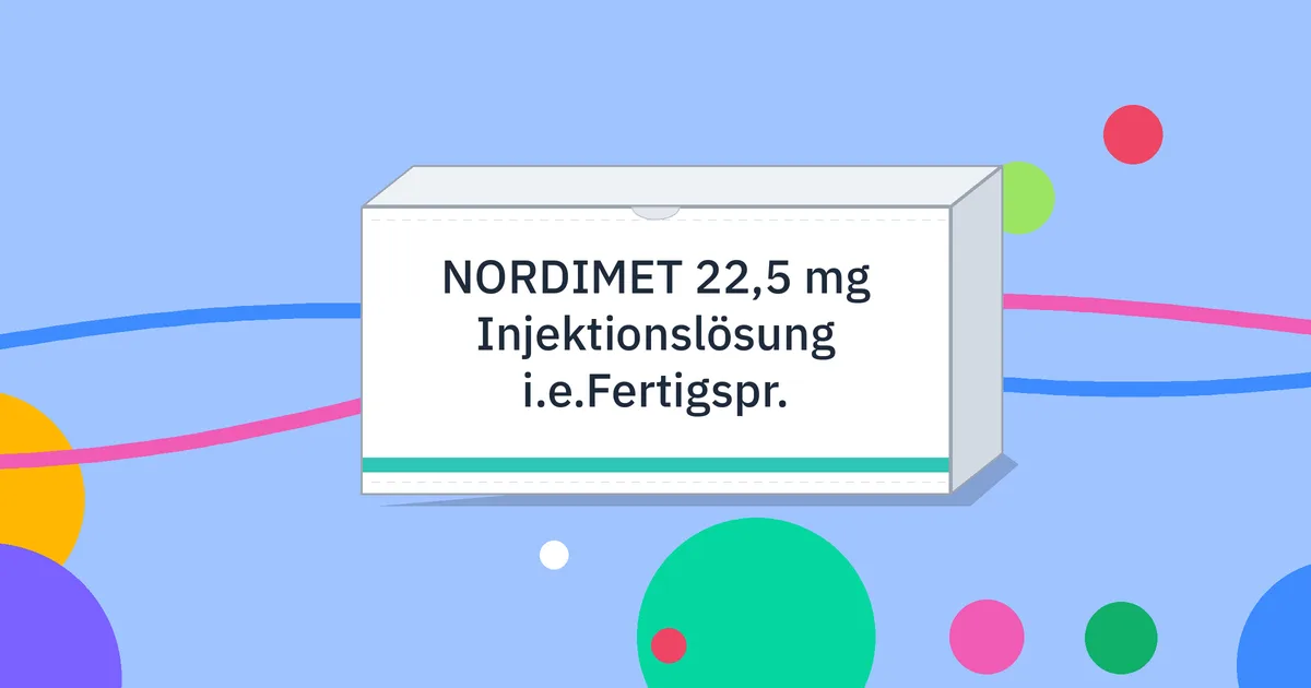 Symbolbild: Packung mit der Aufschrift NORDIMET 22,5 mg Injektionslösung i.e.Fertigspr. (PZN 15265000) – Verfügbarkeit und Bezug in Apotheken in Frankfurt am Main