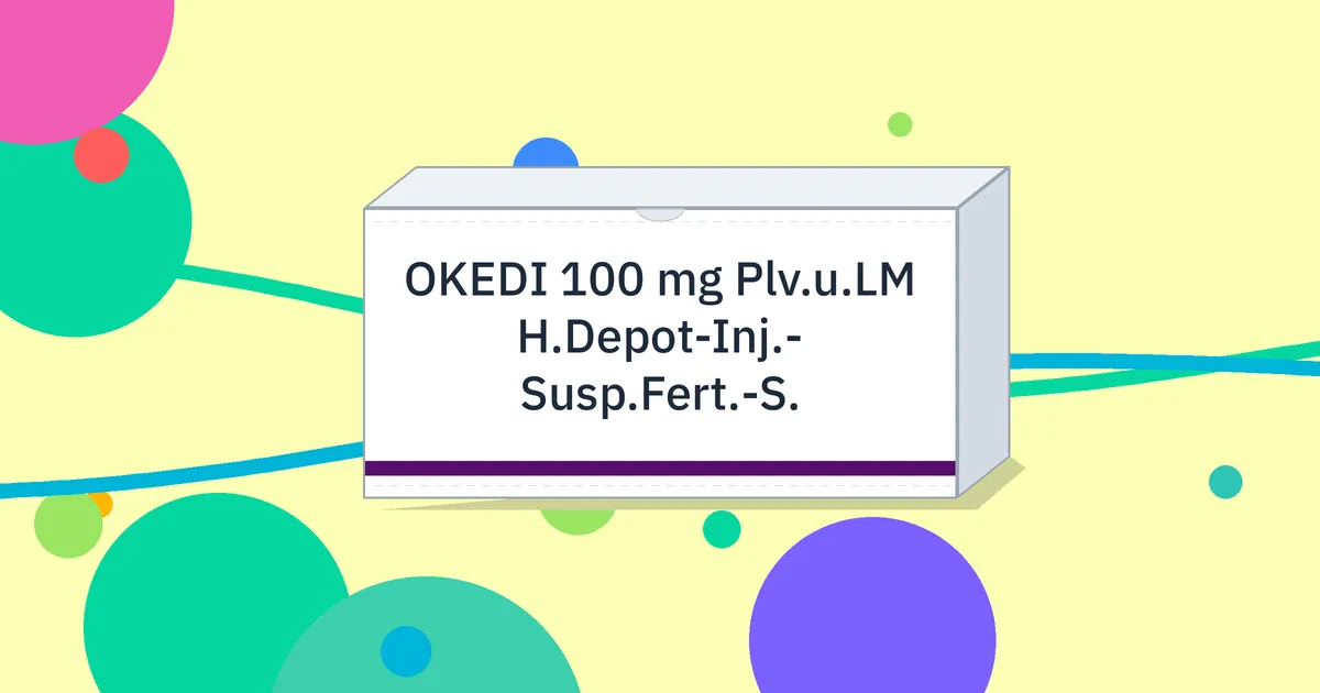Symbolbild: Packung mit der Aufschrift OKEDI 100 mg Plv.u.LM H.Depot-Inj.-Susp.Fert.-S. (PZN 19525567) – Verfügbarkeit und Bezug in Apotheken in Frankfurt am Main
