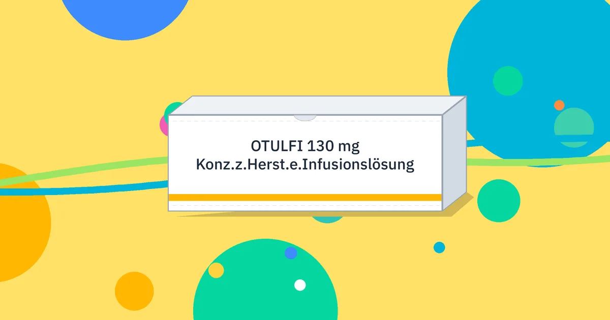 Symbolbild: Packung mit der Aufschrift OTULFI 130 mg Konz.z.Herst.e.Infusionslösung (PZN 20218505) – Verfügbarkeit und Bezug in Apotheken in Frankfurt am Main