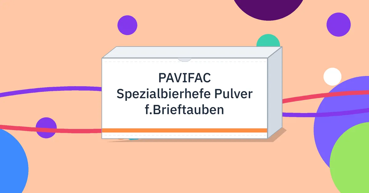 Symbolbild: Packung mit der Aufschrift PAVIFAC Spezialbierhefe Pulver f.Brieftauben (PZN 14448520) – Verfügbarkeit und Bezug in Apotheken in Frankfurt am Main
