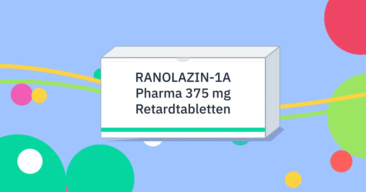 Symbolbild: Packung mit der Aufschrift RANOLAZIN-1A Pharma 375 mg Retardtabletten (PZN 19375027) – Verfügbarkeit und Bezug in Apotheken in Frankfurt am Main
