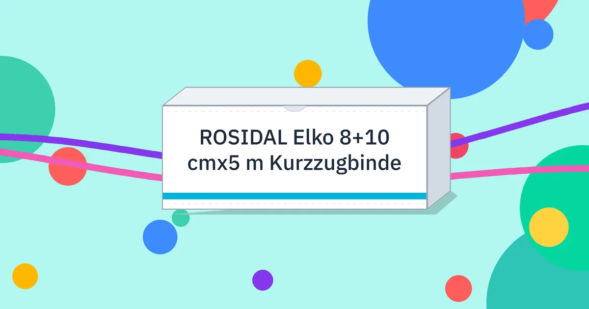 Symbolbild: Packung mit der Aufschrift ROSIDAL Elko 8+10 cmx5 m Kurzzugbinde (PZN 19376392) – Verfügbarkeit und Bezug in Apotheken in Frankfurt am Main