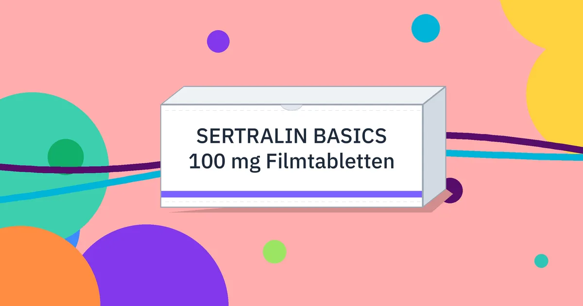 Symbolbild: Packung mit der Aufschrift SERTRALIN BASICS 100 mg Filmtabletten (PZN 12529303) – Verfügbarkeit und Bezug in Apotheken in Frankfurt am Main