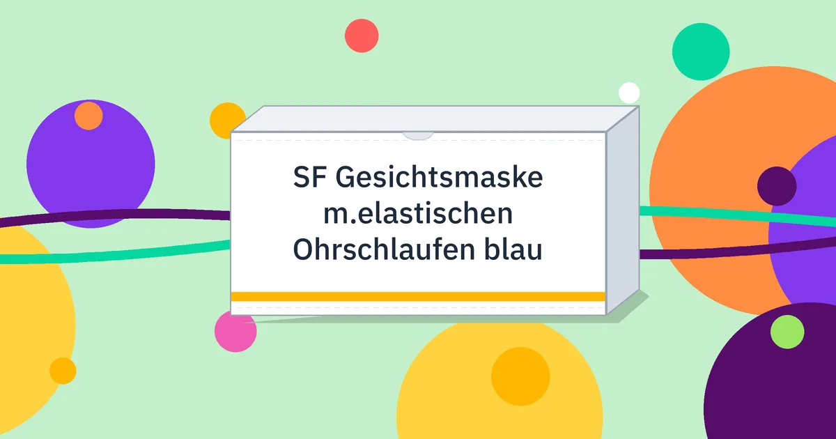 Symbolbild: Packung mit der Aufschrift SF Gesichtsmaske m.elastischen Ohrschlaufen blau (PZN 16163603) – Verfügbarkeit und Bezug in Apotheken in Frankfurt am Main