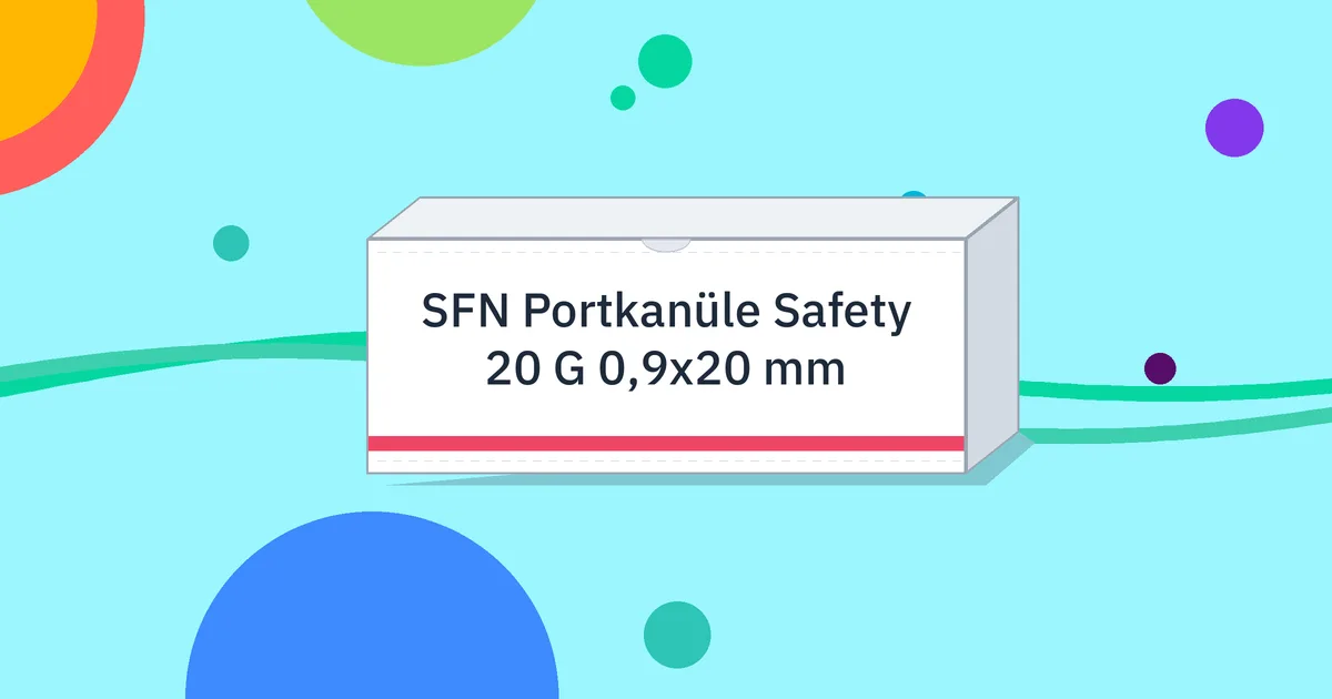 Symbolbild: Packung mit der Aufschrift SFN Portkanüle Safety 20 G 0,9x20 mm (PZN 06910275) – Verfügbarkeit und Bezug in Apotheken in Frankfurt am Main