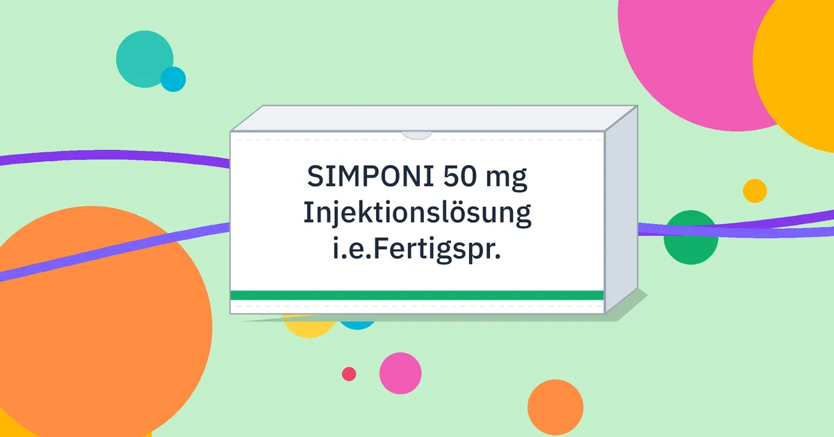 Symbolbild: Packung mit der Aufschrift SIMPONI 50 mg Injektionslösung i.e.Fertigspr. (PZN 03297733) – Verfügbarkeit und Bezug in Apotheken in Frankfurt am Main