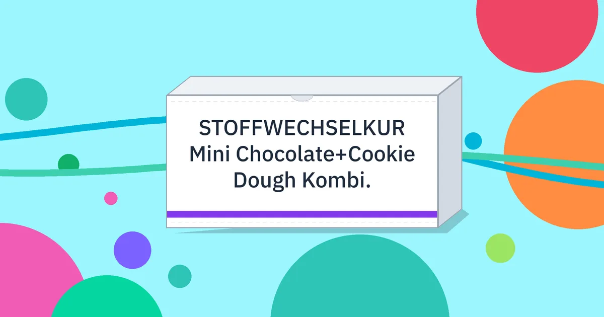 Symbolbild: Packung mit der Aufschrift STOFFWECHSELKUR Mini Chocolate+Cookie Dough Kombi. (PZN 14044745) – Verfügbarkeit und Bezug in Apotheken in Frankfurt am Main