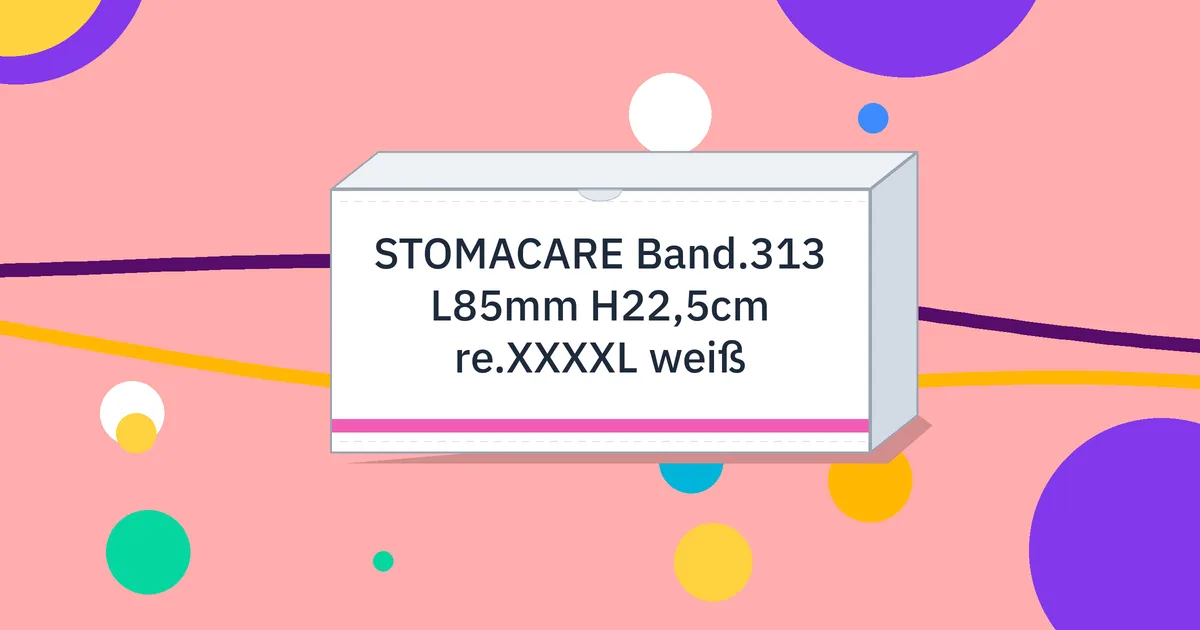 Symbolbild: Packung mit der Aufschrift STOMACARE Band.313 L85mm H22,5cm re.XXXXL weiß (PZN 09436986) – Verfügbarkeit und Bezug in Apotheken in Frankfurt am Main