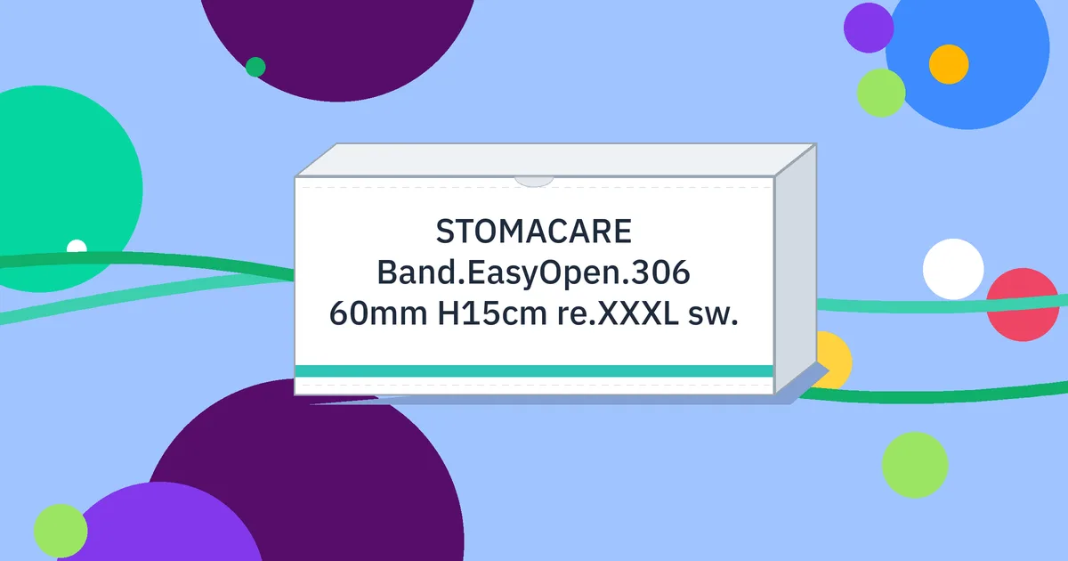Symbolbild: Packung mit der Aufschrift STOMACARE Band.EasyOpen.306 60mm H15cm re.XXXL sw. (PZN 09437508) – Verfügbarkeit und Bezug in Apotheken in Frankfurt am Main