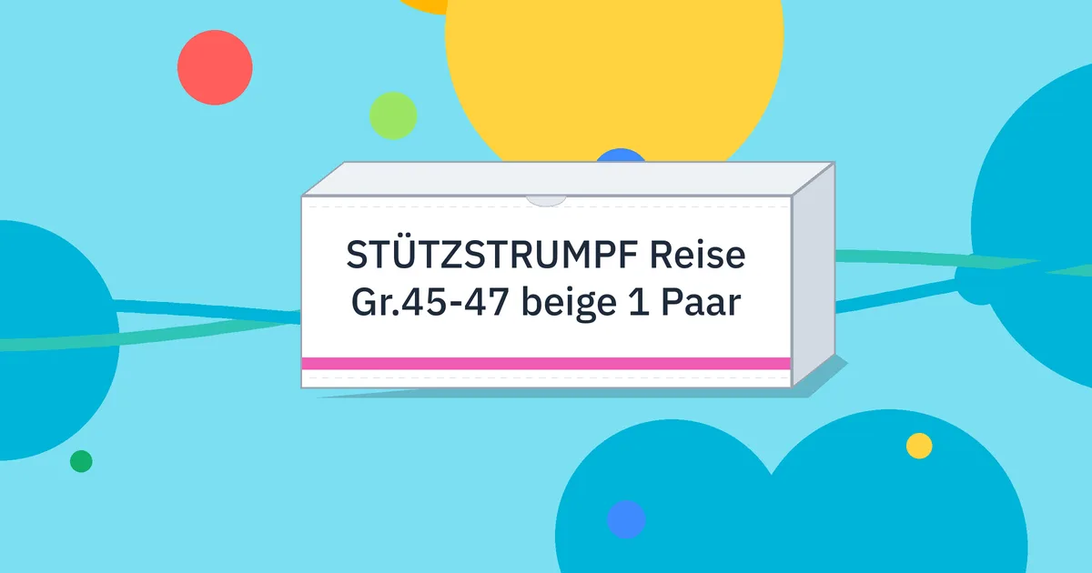 Symbolbild: Packung mit der Aufschrift STÜTZSTRUMPF Reise Gr.45-47 beige 1 Paar (PZN 16515232) – Verfügbarkeit und Bezug in Apotheken in Frankfurt am Main