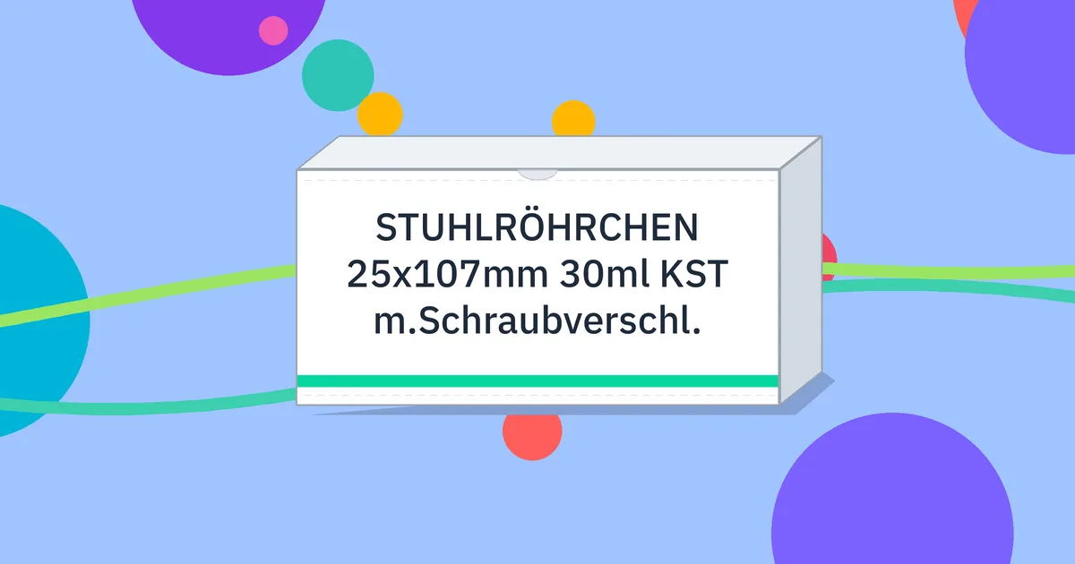 Symbolbild: Packung mit der Aufschrift STUHLRÖHRCHEN 25x107mm 30ml KST m.Schraubverschl. (PZN 09729062) – Verfügbarkeit und Bezug in Apotheken in Frankfurt am Main